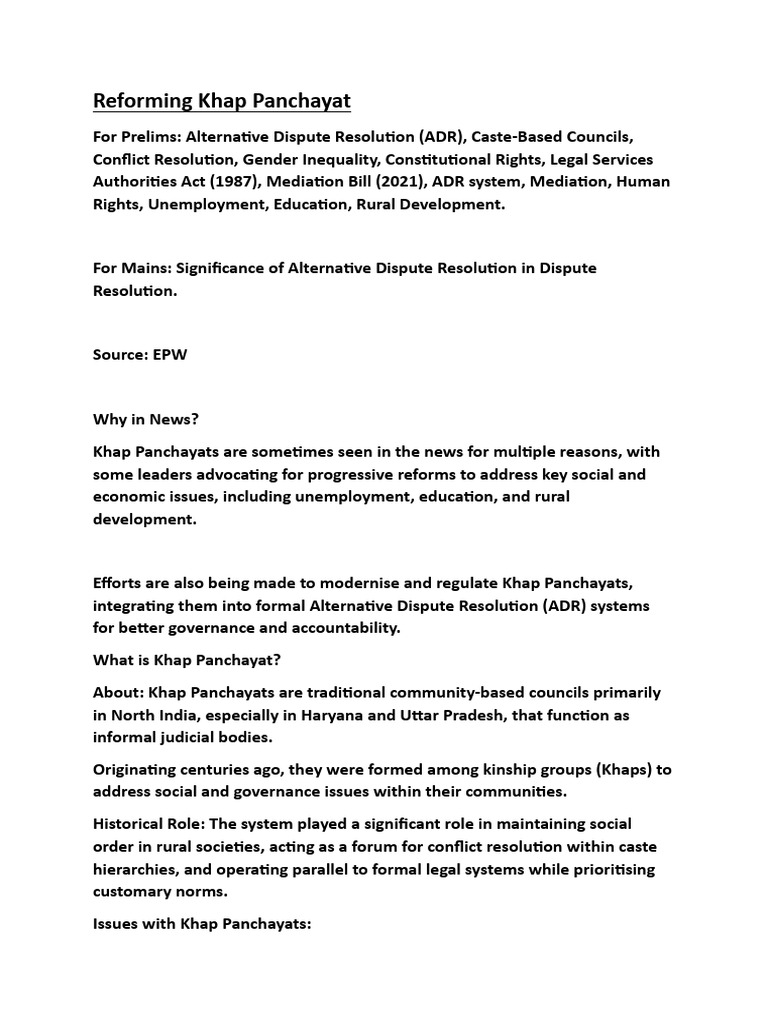 Reforming Khap Panchayats for ADR | PDF | Alternative Dispute Resolution | Mediation