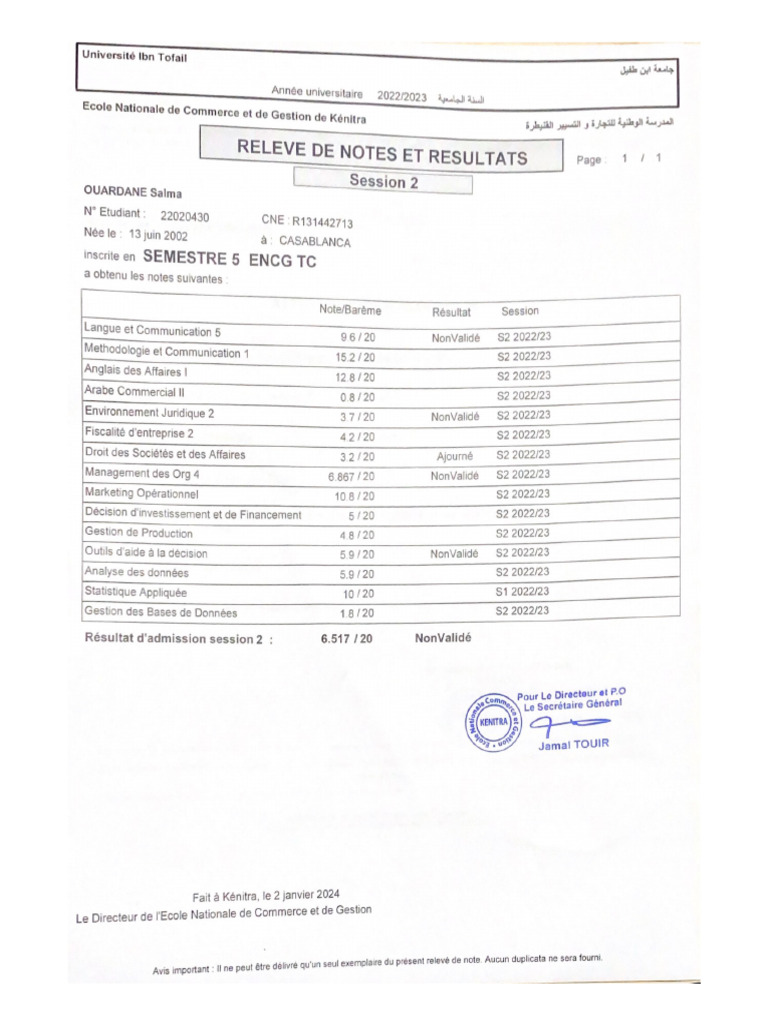 Relevé de Note | PDF