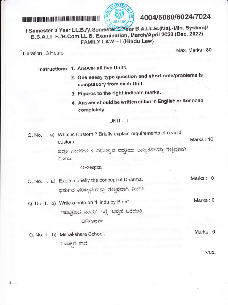 5th Sem Family Law-I Apr 2023 | PDF | Family | Social Institutions