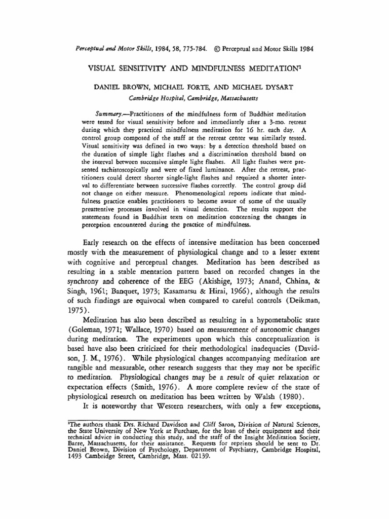 Brown Et Al 1984 Visual Sensitivity and Mindfulness Meditation | PDF ...