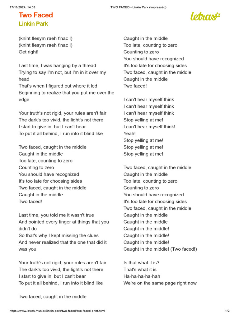 TWO FACED - Linkin Park (Impressão) | PDF