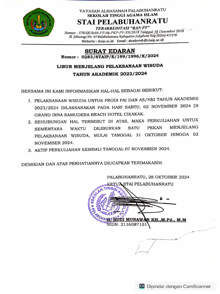 Edaran Libur Kuliah - Menjelang Wisuda | PDF