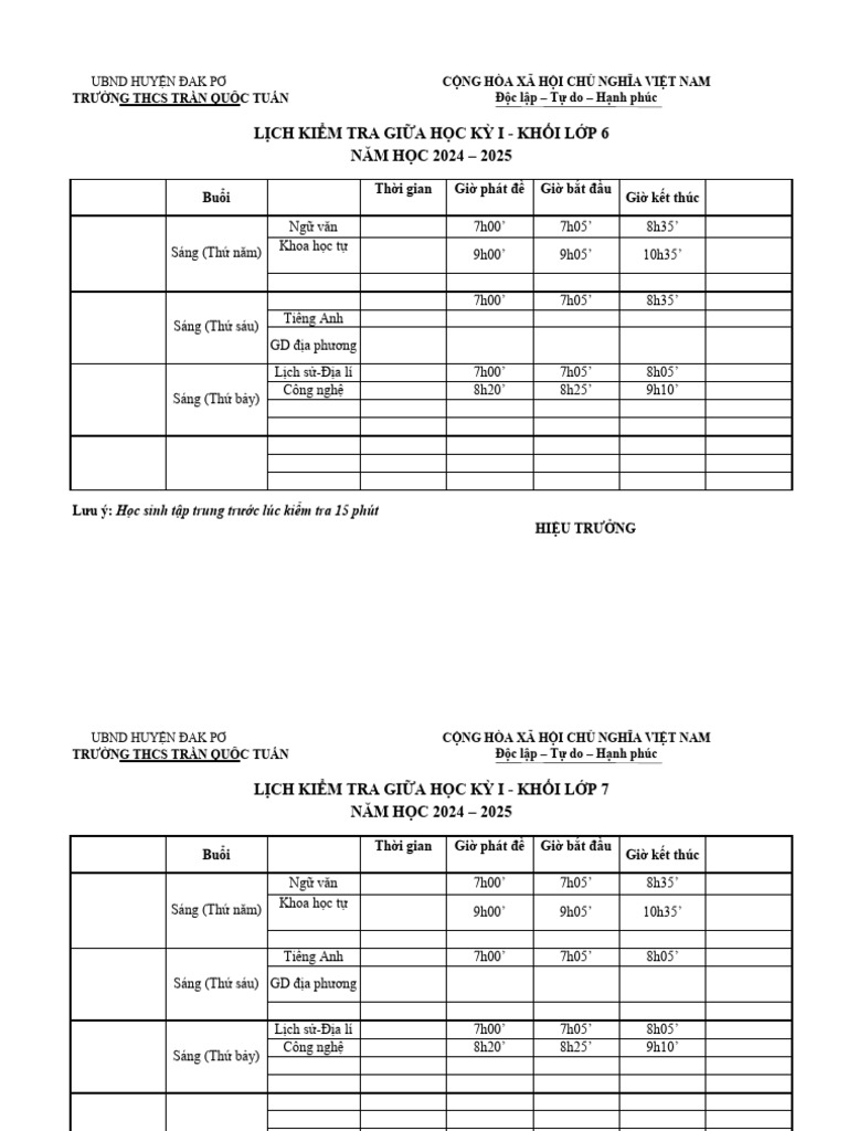 Lich Kiem Tra Giua Ki 1-24-25 | PDF