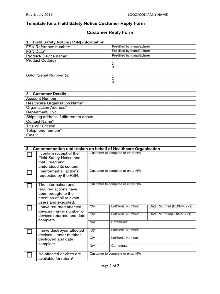Template For A Field Safety Notice Customer Reply Form Customer Reply ...