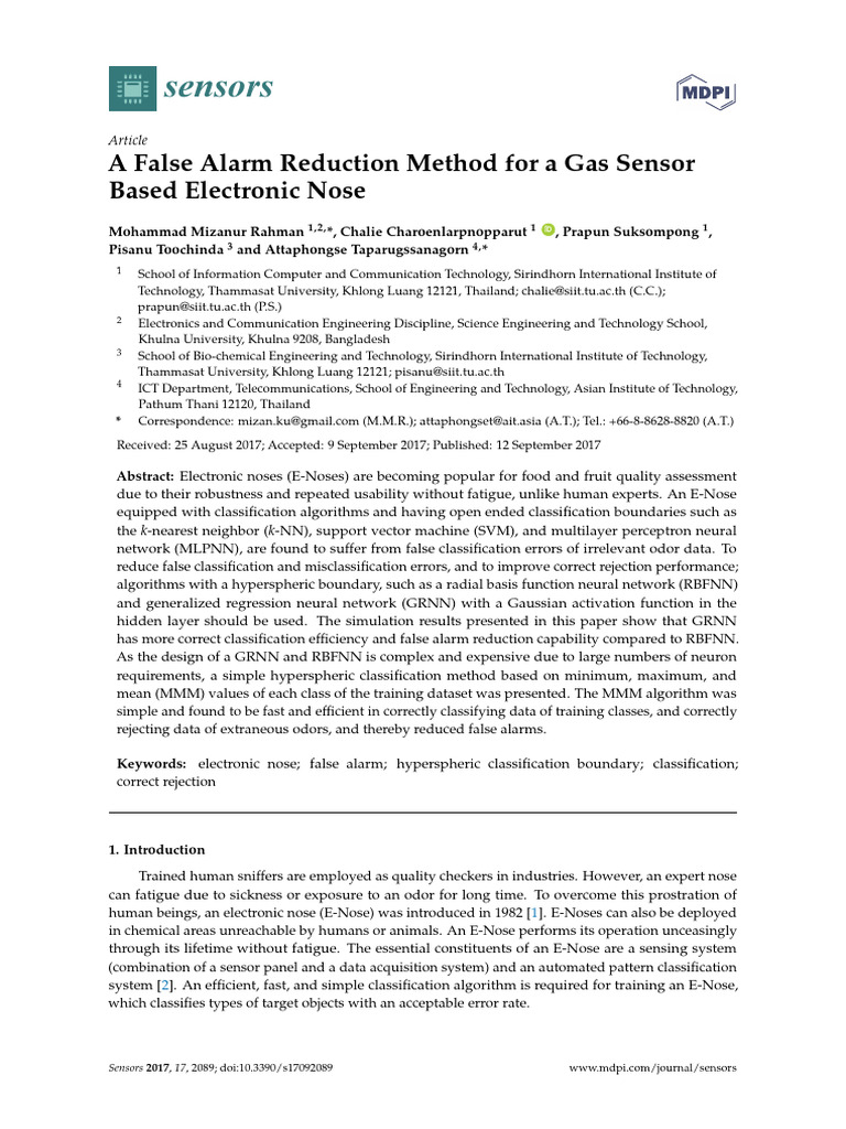 A False Alarm Reduction Method For A Gas Sensor Ba | PDF | Principal Component Analysis ...