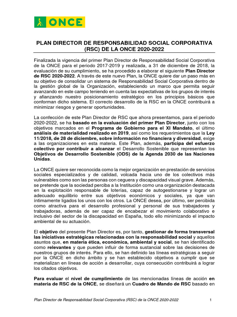 Plan Director RSC ONCE 2020-2022 | PDF | Responsabilidad social ...