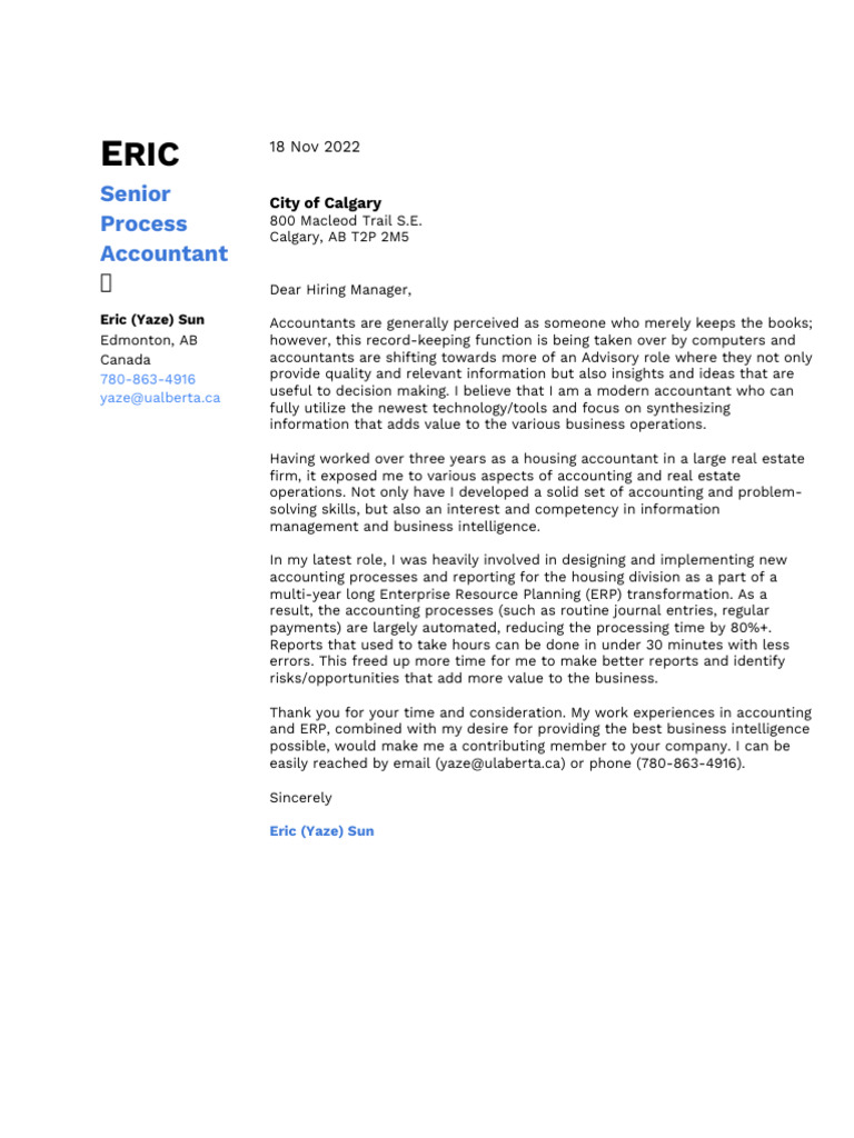 Cover Letter - Senior Process Accountant - COC | PDF