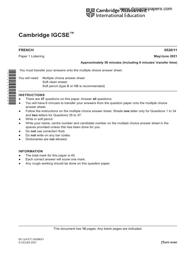 Cambridge IGCSE: FRENCH 0520/11 | PDF