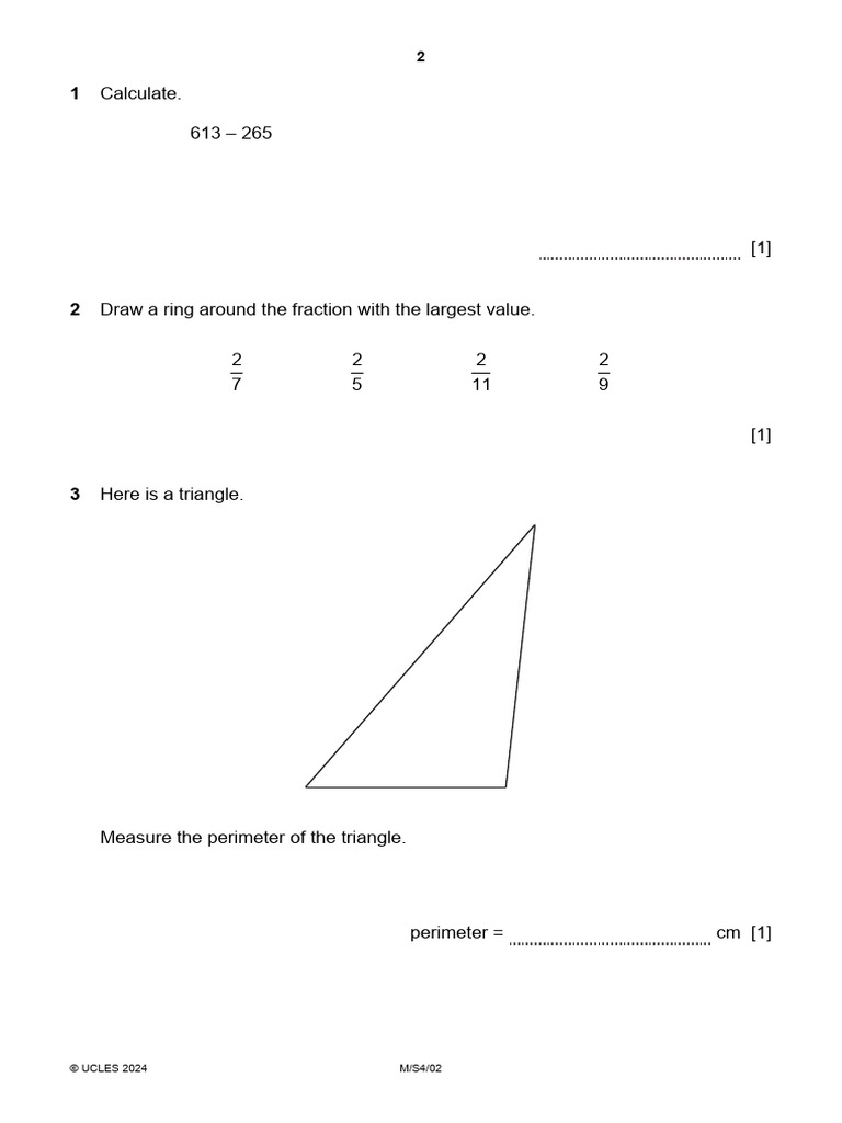 Calculate. 613 - 265: © UCLES 2024 M/S4/02 | PDF | Polygon | Euclidean ...