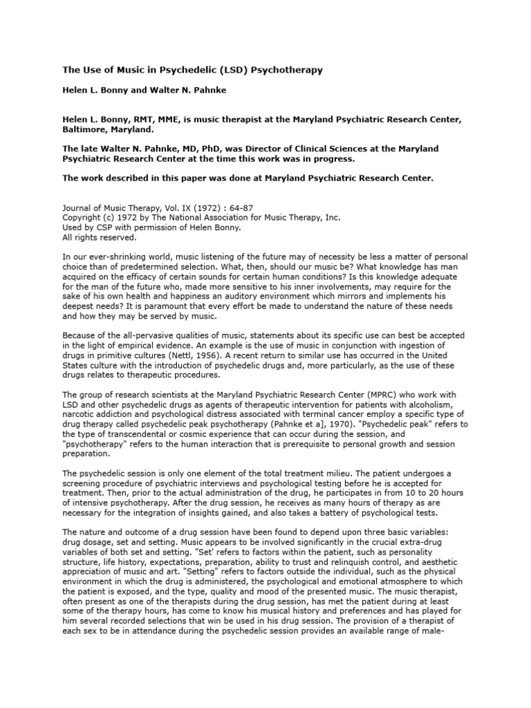 The Use of Music in Psychedelic LSD Psychotherapy | PDF | Psychotherapy ...