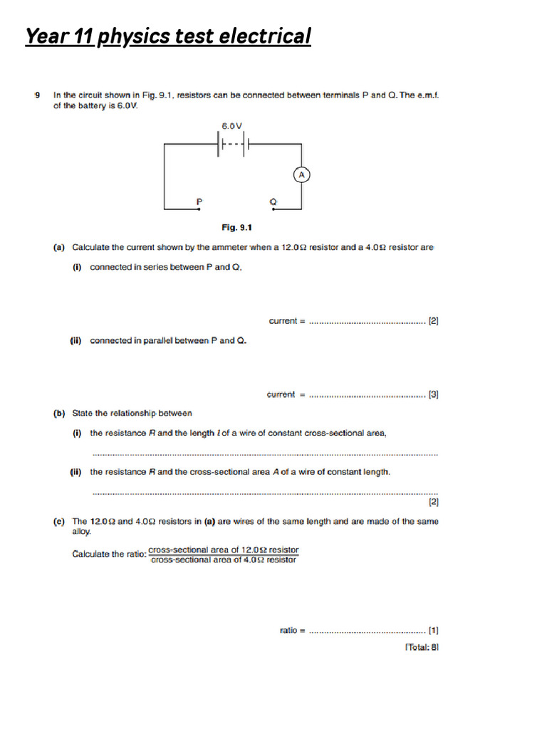 Year 11 Physics Test on Electricity | PDF