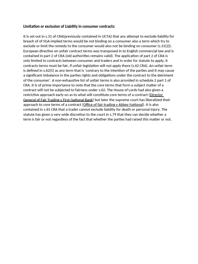 Limitation or Exclusion of Liability in Consumer Contracts | PDF