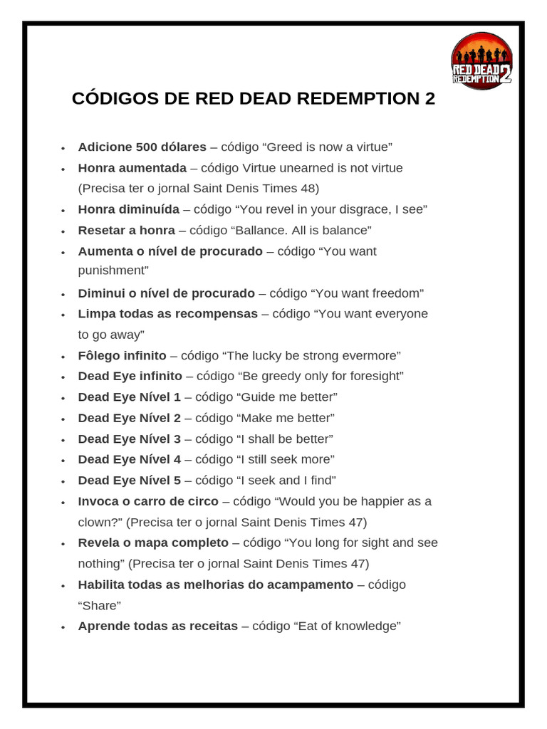 Códigos de Trapaça para Red Dead Redemption 2 | PDF