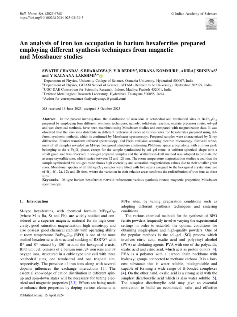 An Analysis of Iron Ion Occupation in Barium Hexaferrites Prepared ...