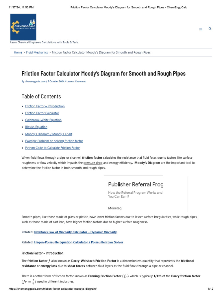 Friction Factor Calculator Moody's Diagram For Smooth and Rough Pipes - ChemEnggCalc | PDF ...