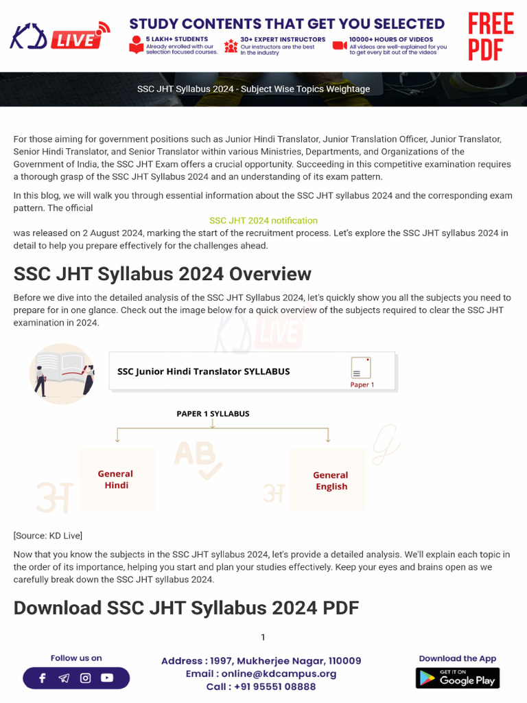 Syllabus SSC JHT Syllabus 2024 Subject Wise Topics Weightage | PDF