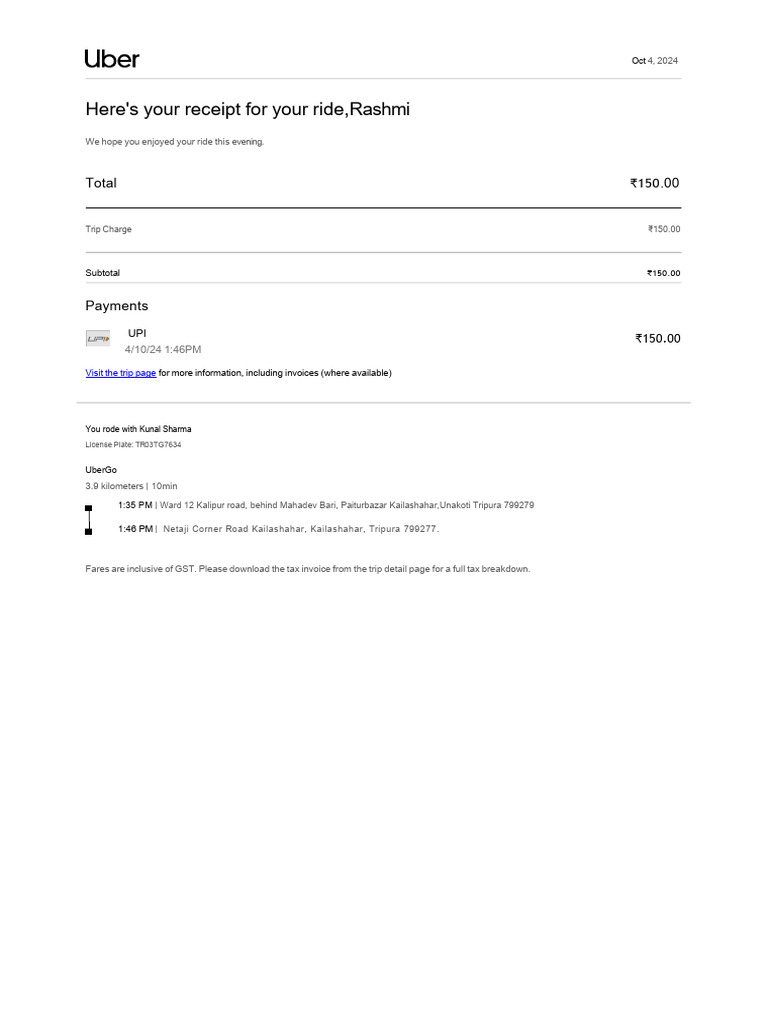 Uber Ride Receipt Oct 4, 2024 | PDF