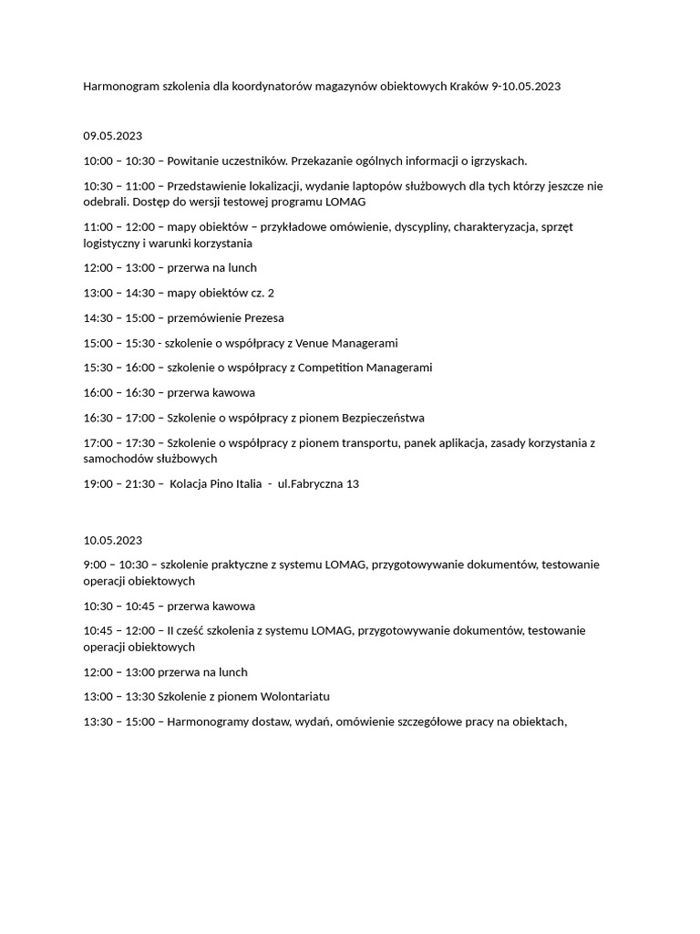 Harmonogram Szkolenia Koordynatorów 9-10.05 | PDF