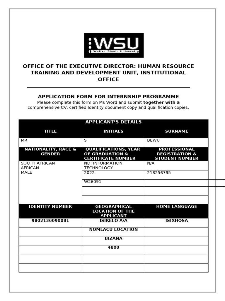 Internship Application Form 2024 | PDF | Business