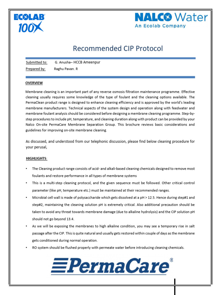 CIP Protocol - HCCB Ameenpur | PDF | Membrane | Ph