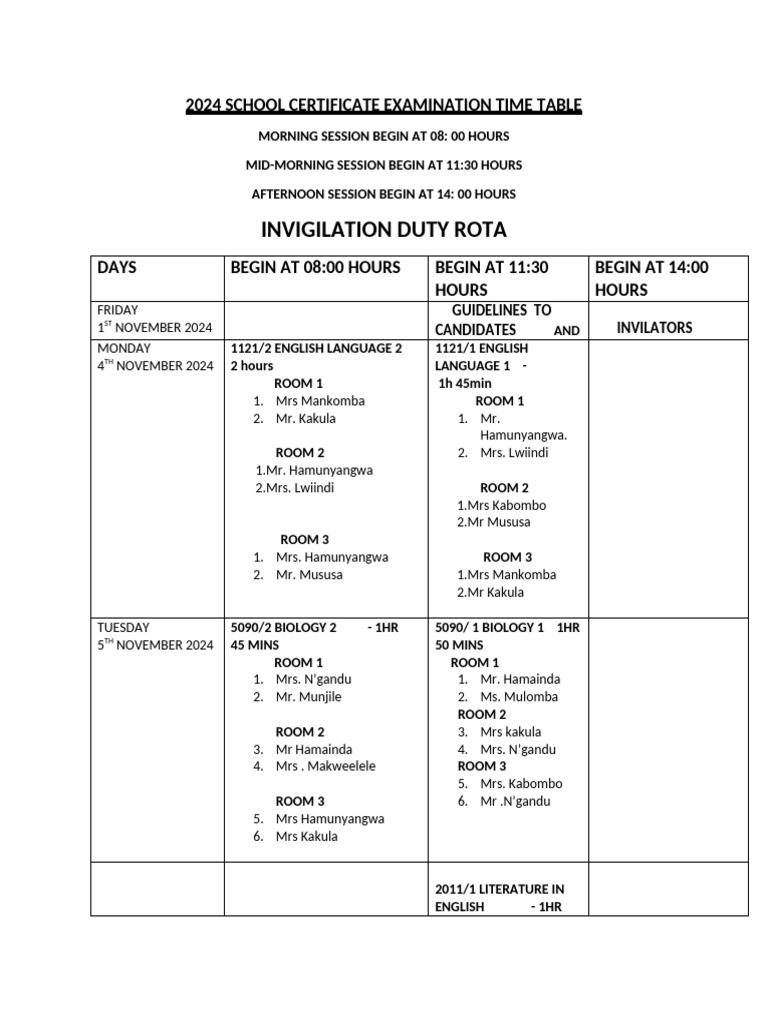 2024 School Exam Schedule & Invigilation | PDF