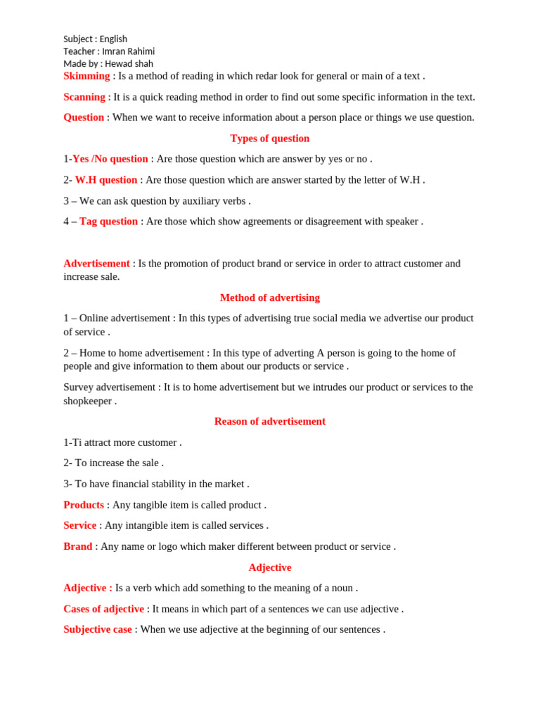 English Note | PDF | Adjective | Adverb