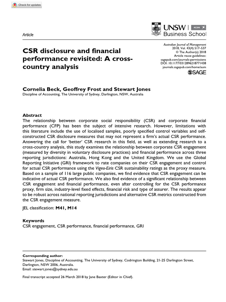 CSR Disclosure and Financial Performance Revisited A Cross-Country ...