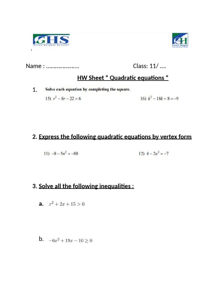HW Quadratic | PDF | Language Arts & Discipline