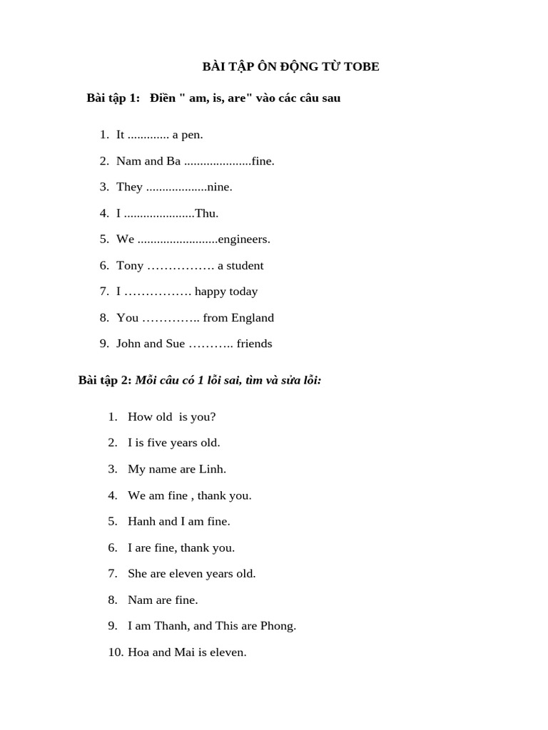 BÀI TẬP ÔN ĐỘNG TỪ TOBE, DANH TỪ SỐ ÍT, DANH TỪ SỐ NHIỀU | PDF