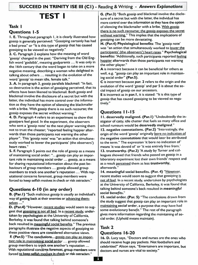 ISE III Succeed in Trinity Answers and Explanation | PDF