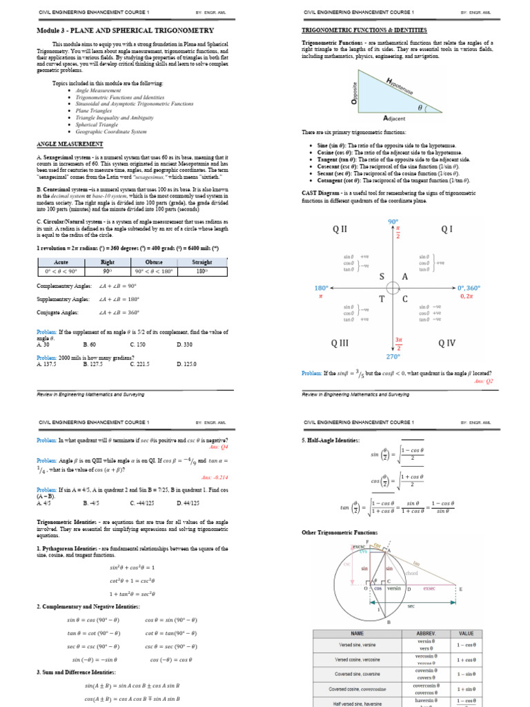 Ec 1 - Module 3 - Plane and Spherical Trigonometry | PDF | Trigonometry ...