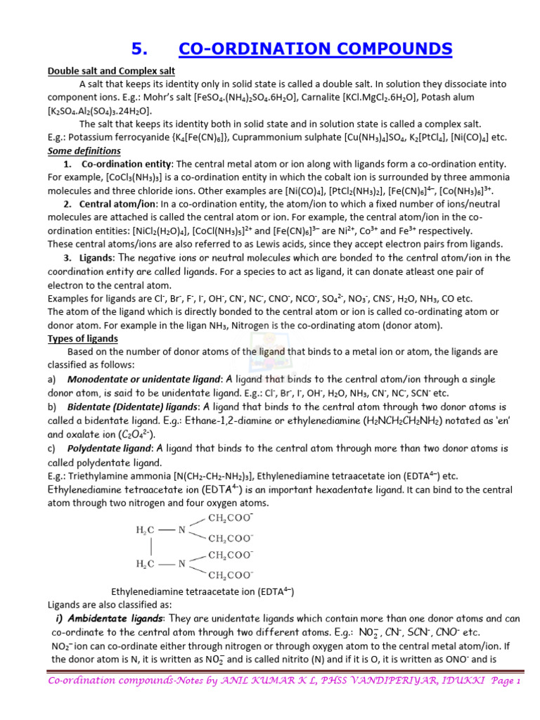 Hsslive-Xii-Ch-Anil-5. Co-Ordination Compounds | PDF | Coordination Complex | Ligand