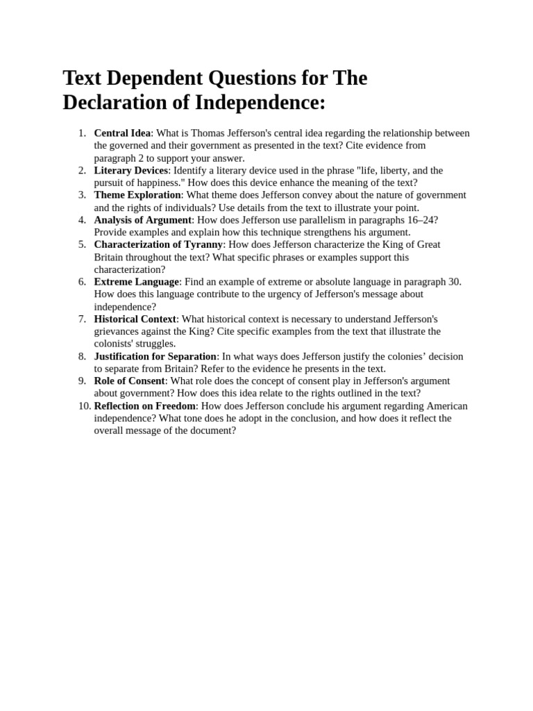 Text Dependent Questions on Jefferson's Ideas | PDF | History