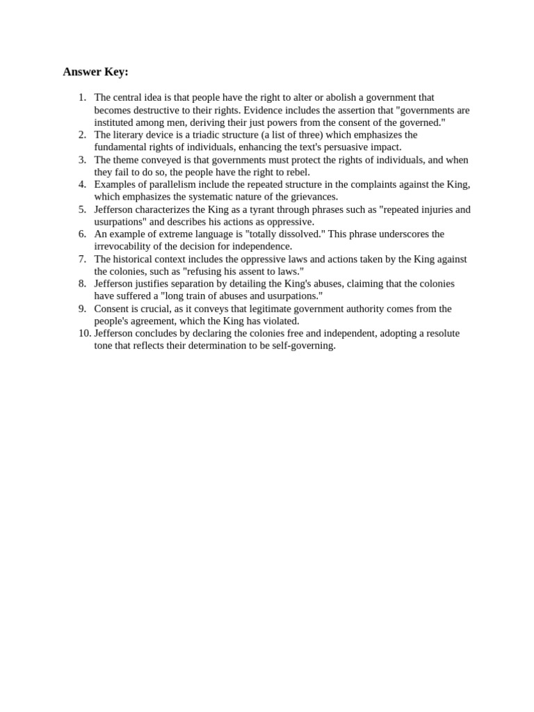 Answer Key-Text Dependent Questions For The Declaration of Independence ...