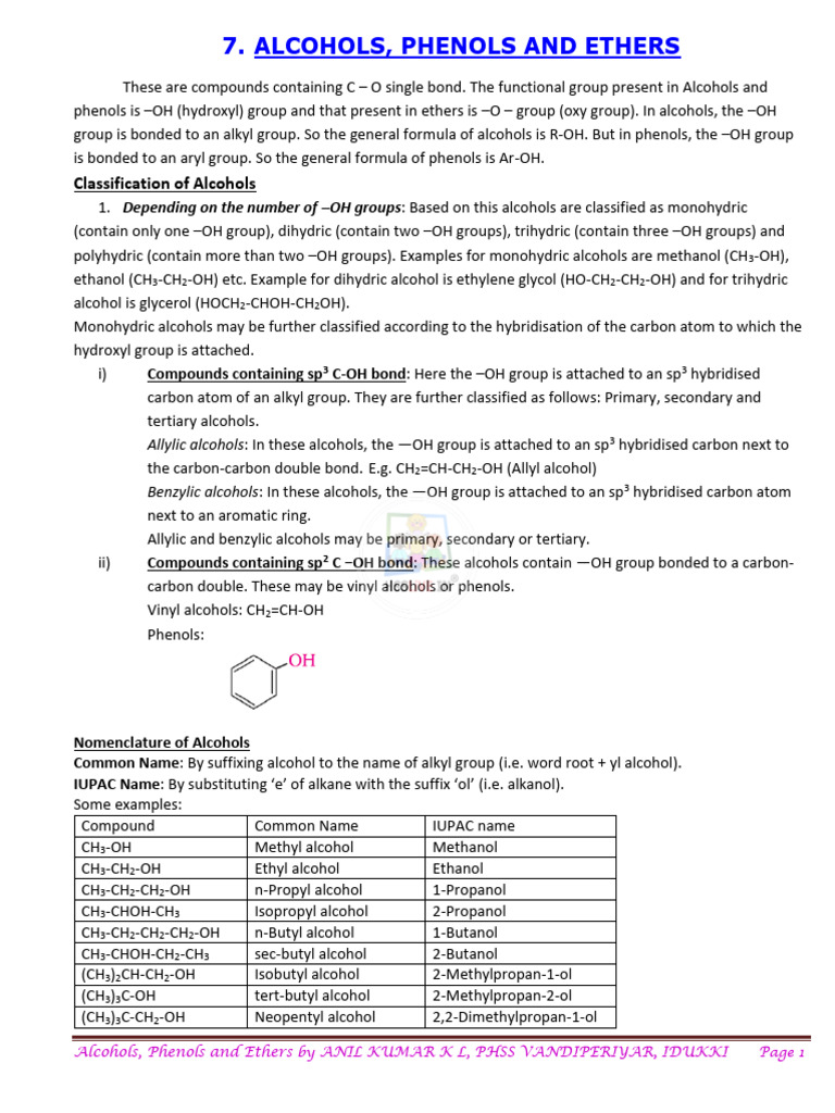 Hsslive Xii CH Anil 7. Alcohols, Phenols and Ethers | PDF | Ether | Ethanol