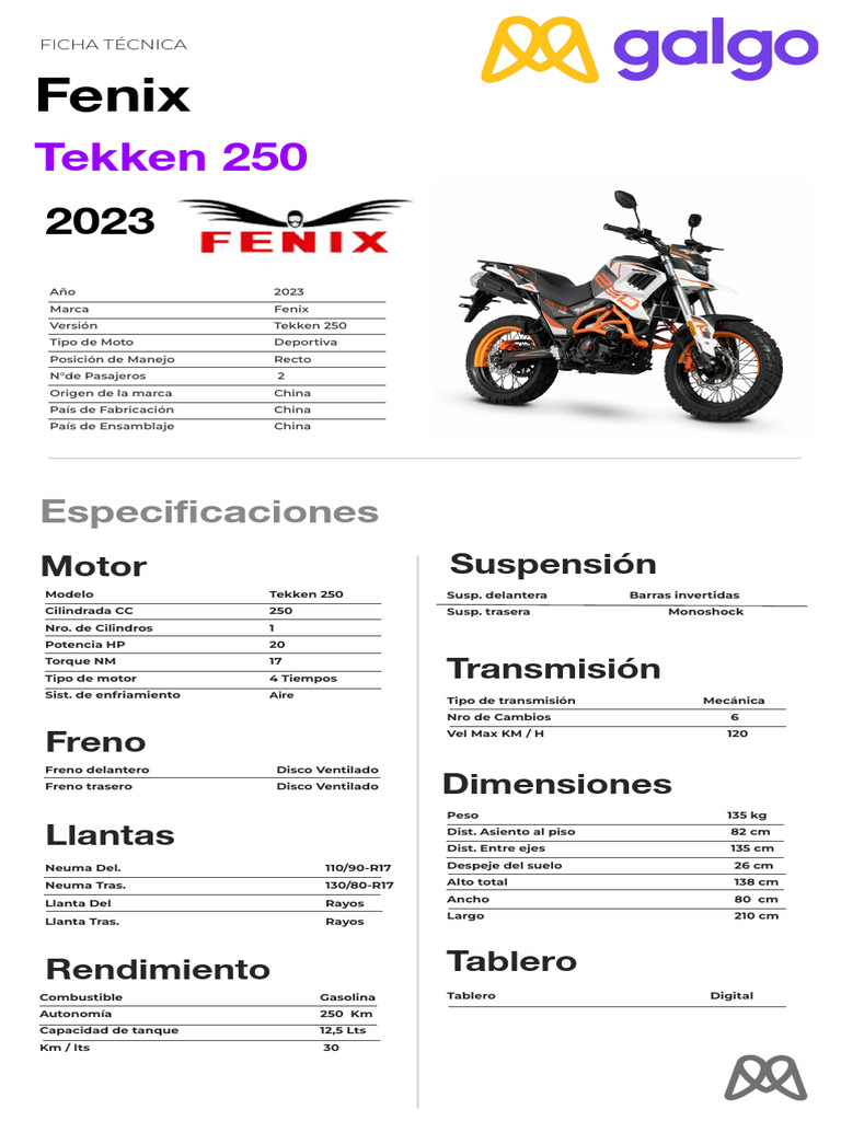 Ficha T Cnica Fenix Tekken 250 Galgo | PDF