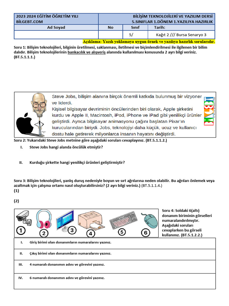 5snf Ornek Sinav s1 2023 2024 Unite 1 2 v2 | PDF