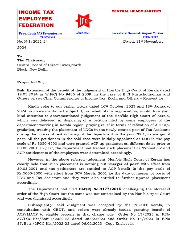 Letter To The Chairman On MACP Dated 11th Nov 2024 | PDF | High Court ...
