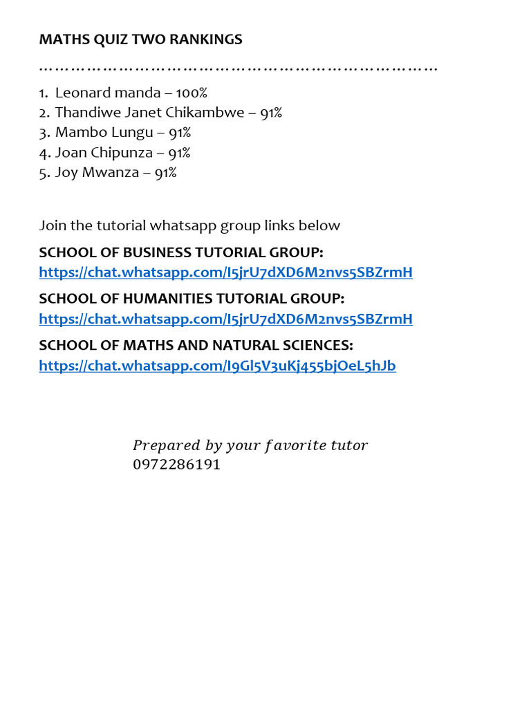 Maths Quiz Two Rankings | PDF