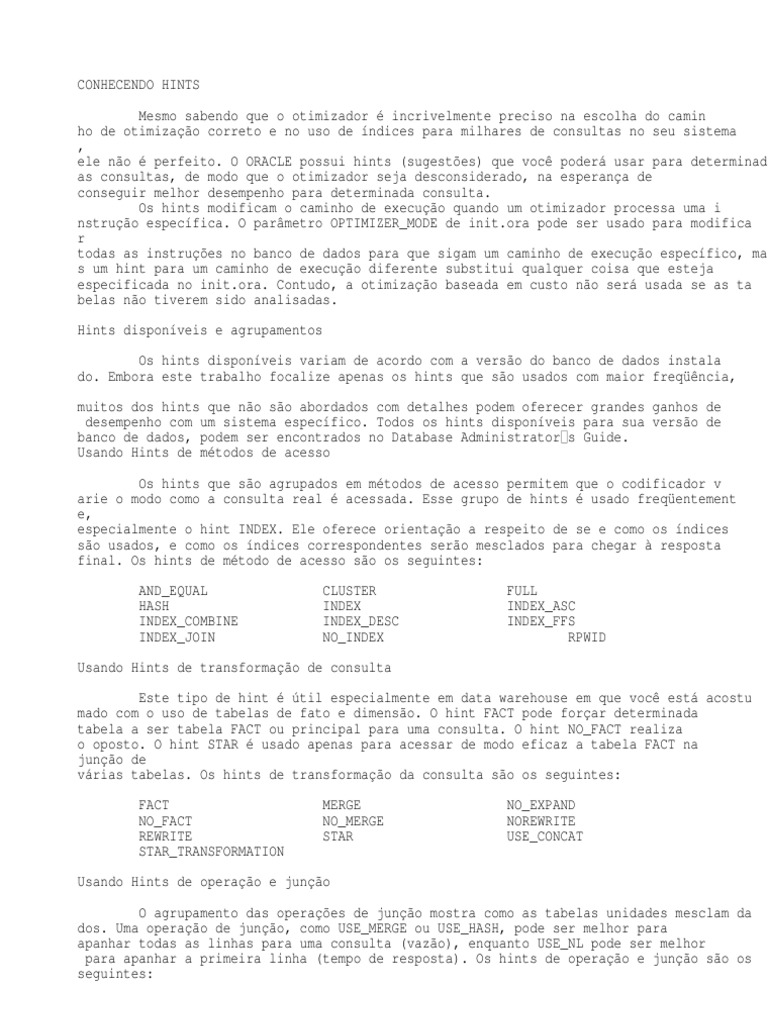 Utilizando Hints Oracle | PDF | Cache (informática) | Força