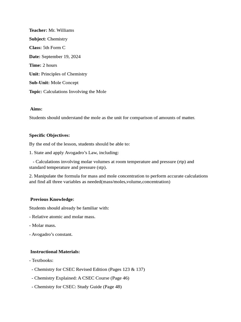 Lesson Plan Submission-WEEK 2 | PDF | Mole (Unit) | Gases