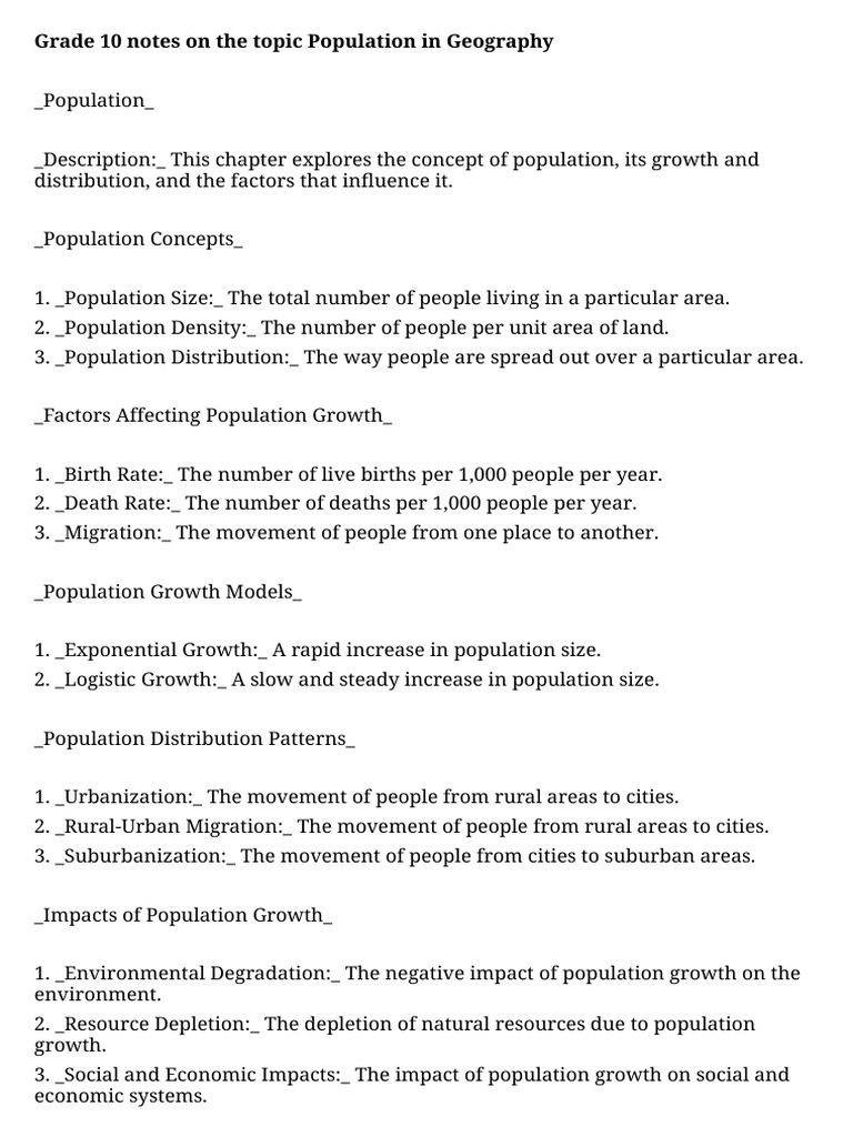 Grade 10 Notes On Population | PDF
