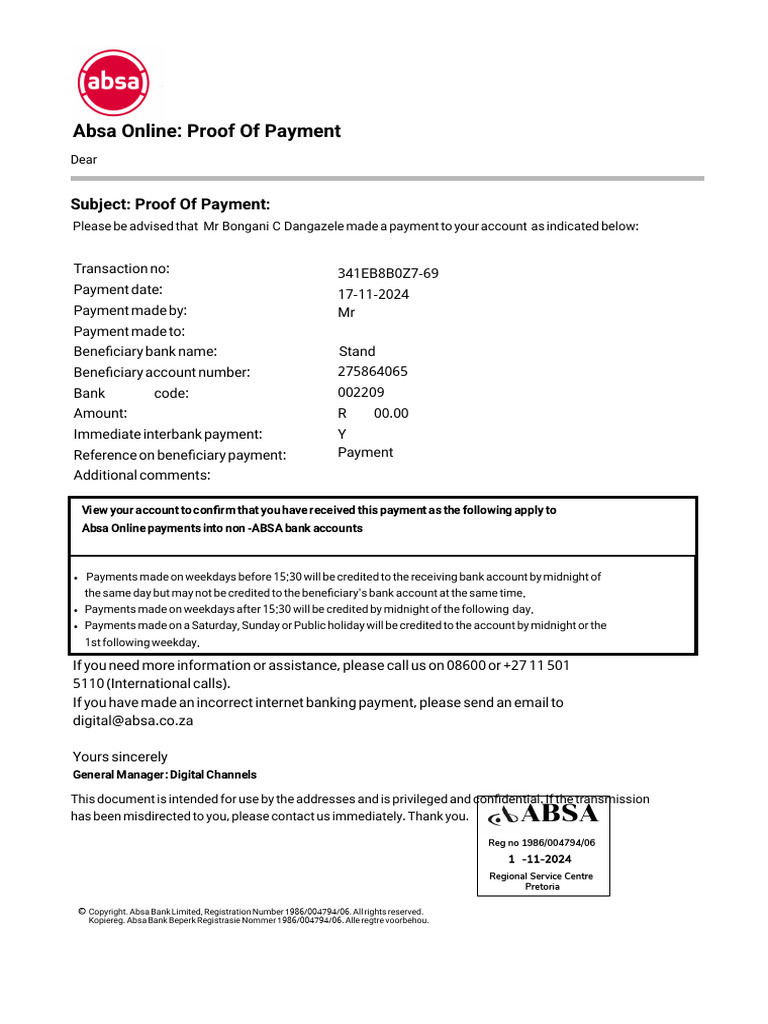 ABSA Proof of Payment DOC 10092024165 - 1-1 | PDF | Personal Finance | Financial Services