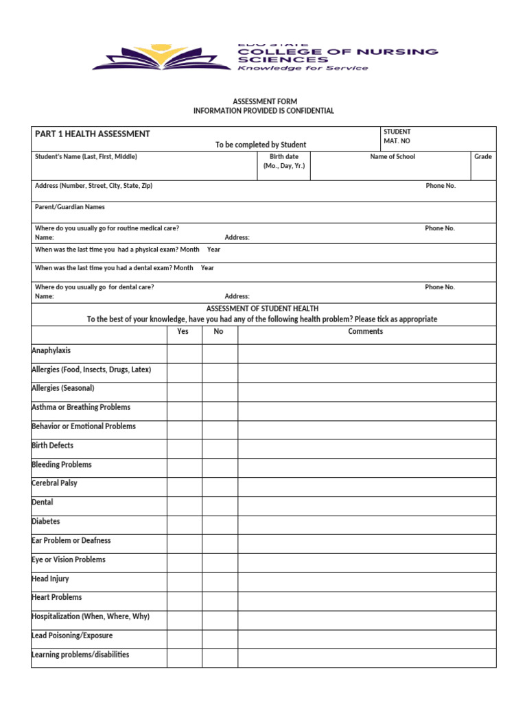 Student Health Assessment Form Original | PDF | Allergy | Attention ...