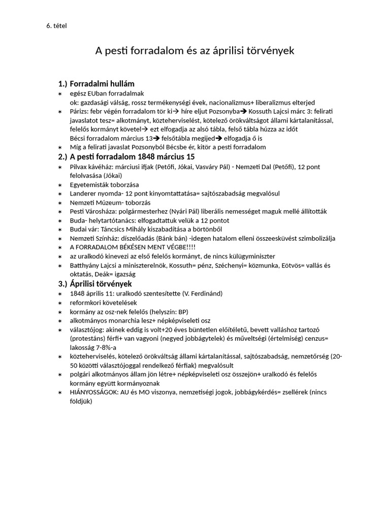Tétel - A Pesti Forradalom És Az Áprilisi Törvények | PDF