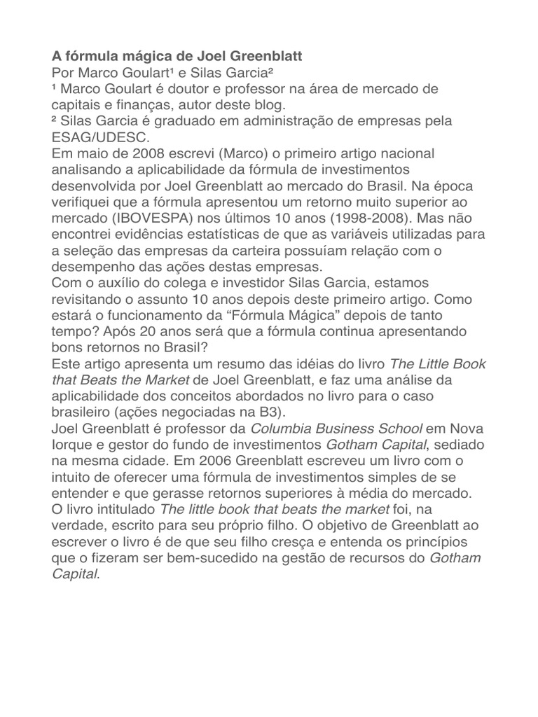 Análise da Fórmula Mágica de Greenblatt | PDF | Investimentos ...