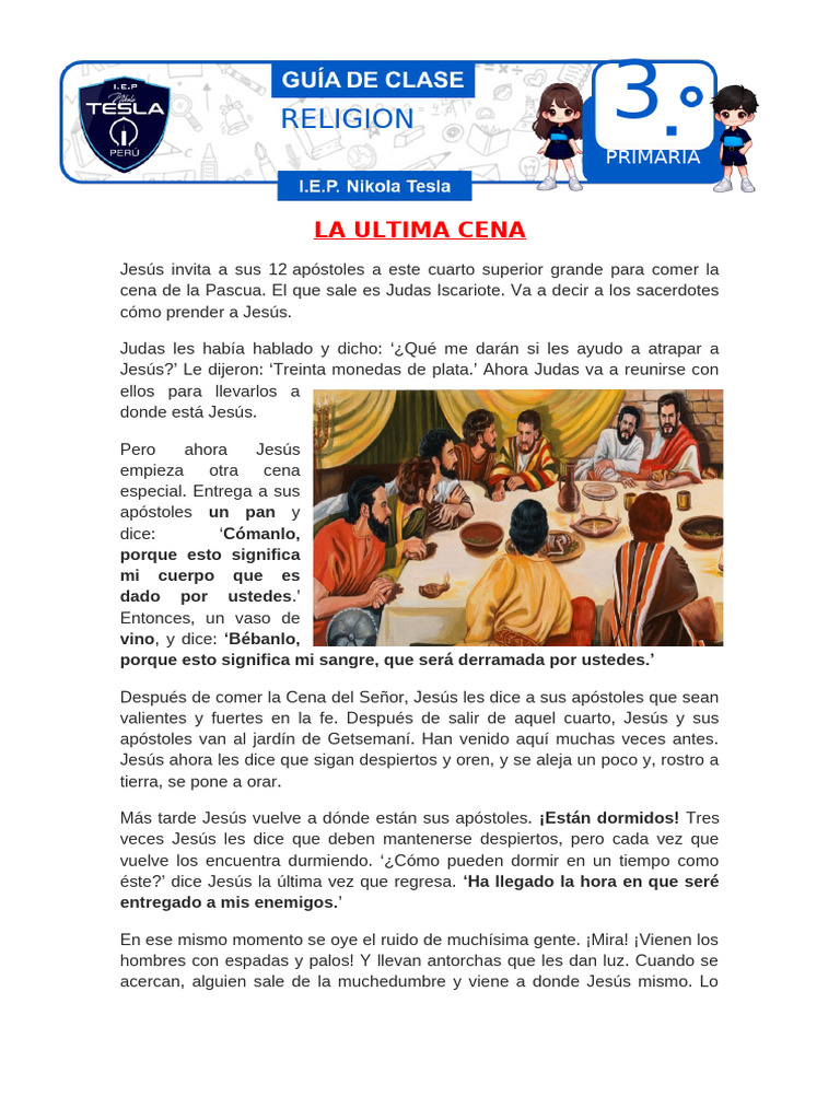 Ficha de 3º Grado - Religion Ultima Cena. | PDF | Jesús | Judas Iscariote