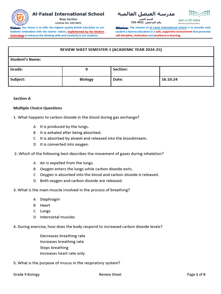 Grade 9 Biology Review Sheet | PDF | Blood | Artery
