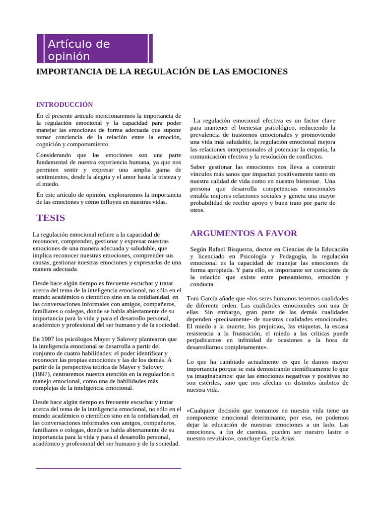 Articulo de Opinion | PDF | Las emociones | Autorregulación emocional