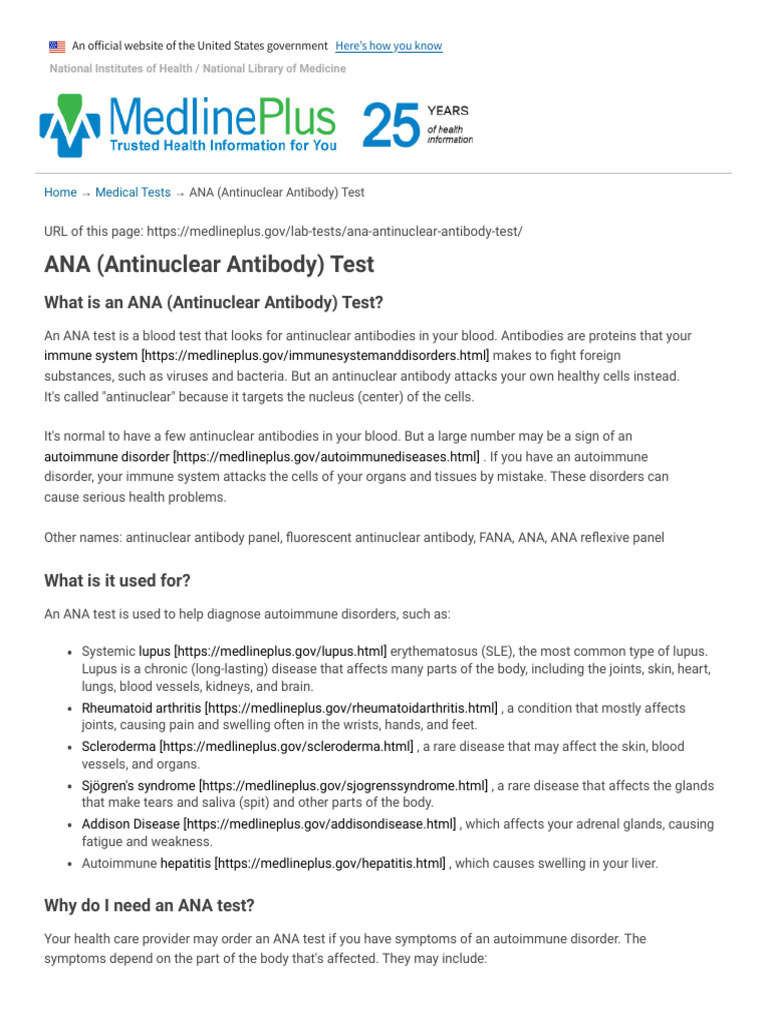 ANA (Antinuclear Antibody) Test - MedlinePlus Medical Test | PDF ...